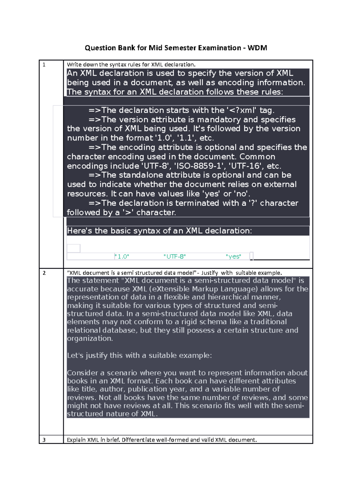 QB WDM - Question Bank for Mid Semester Examination - WDM 1 Write down the syntax rules for XML ...
