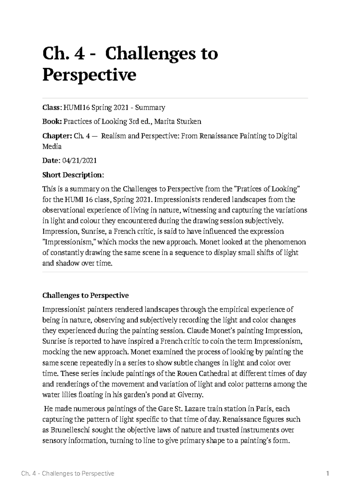 Ch. 4 - Challenges to Perspective - Ch. 4 - Challenges to Perspective 1 ...