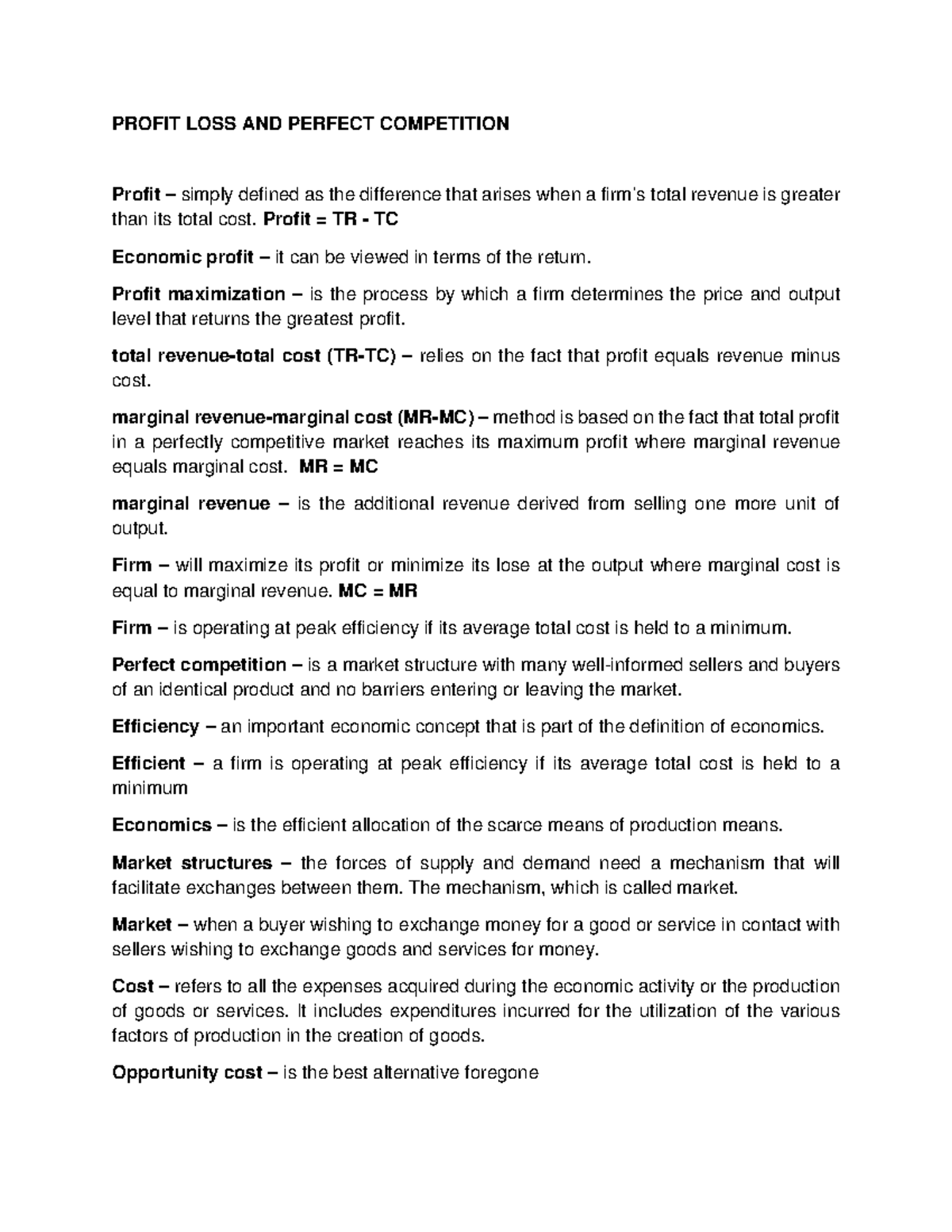 Practice Materials - Profit LOSS AND Perfect Competition - Economics ...