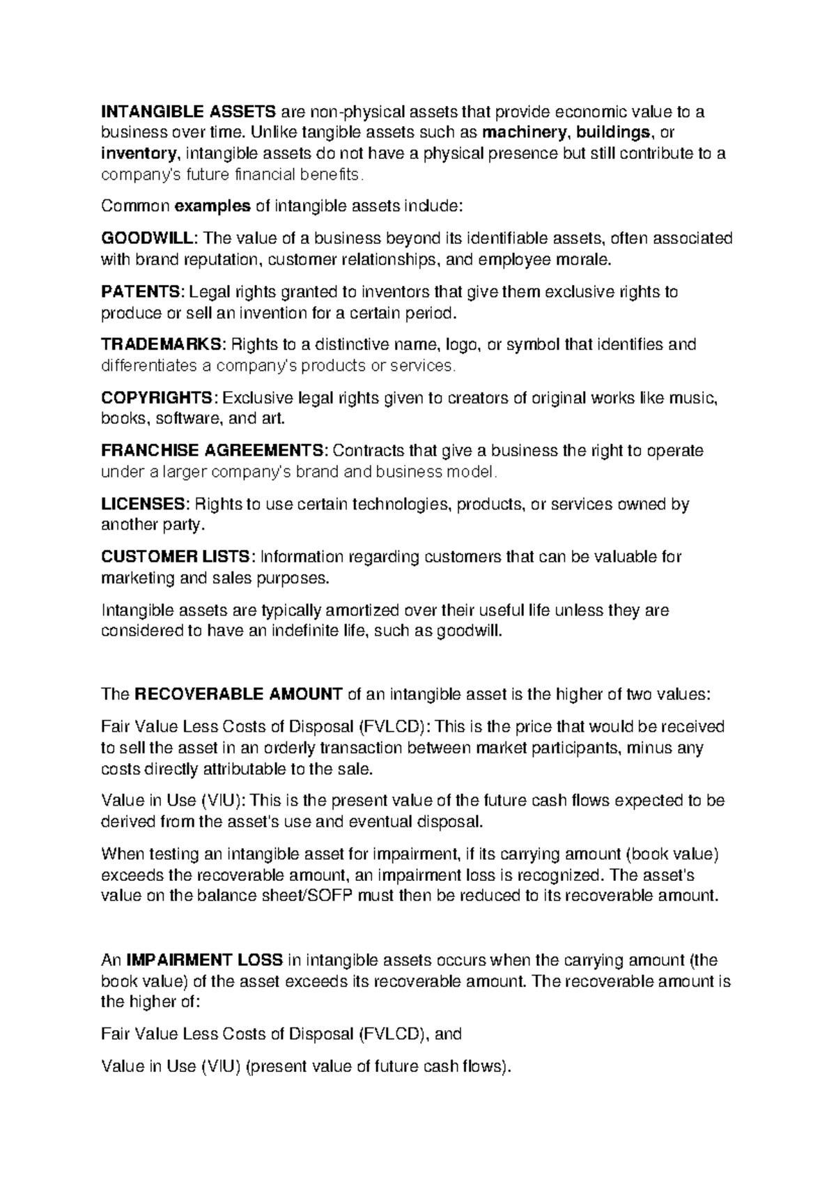 Intangible Assets Notes - INTANGIBLE ASSETS are non-physical assets ...