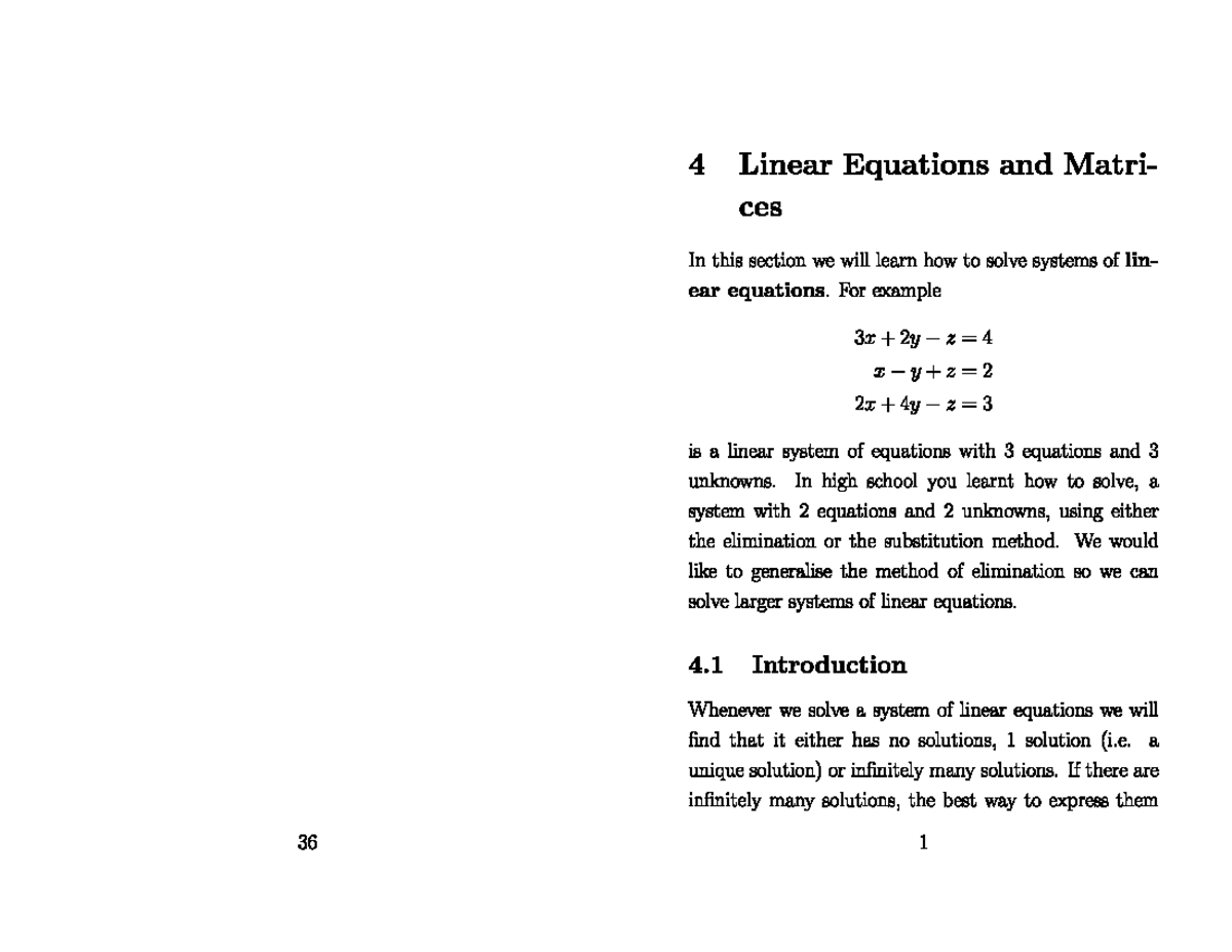 Linear eqn and matrix - Lecture notes - MATH1131 - Studocu