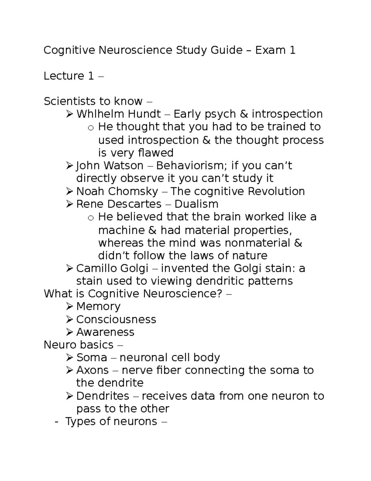 Cognitive Neuroscience Study Guide - Exam 1 - Studocu