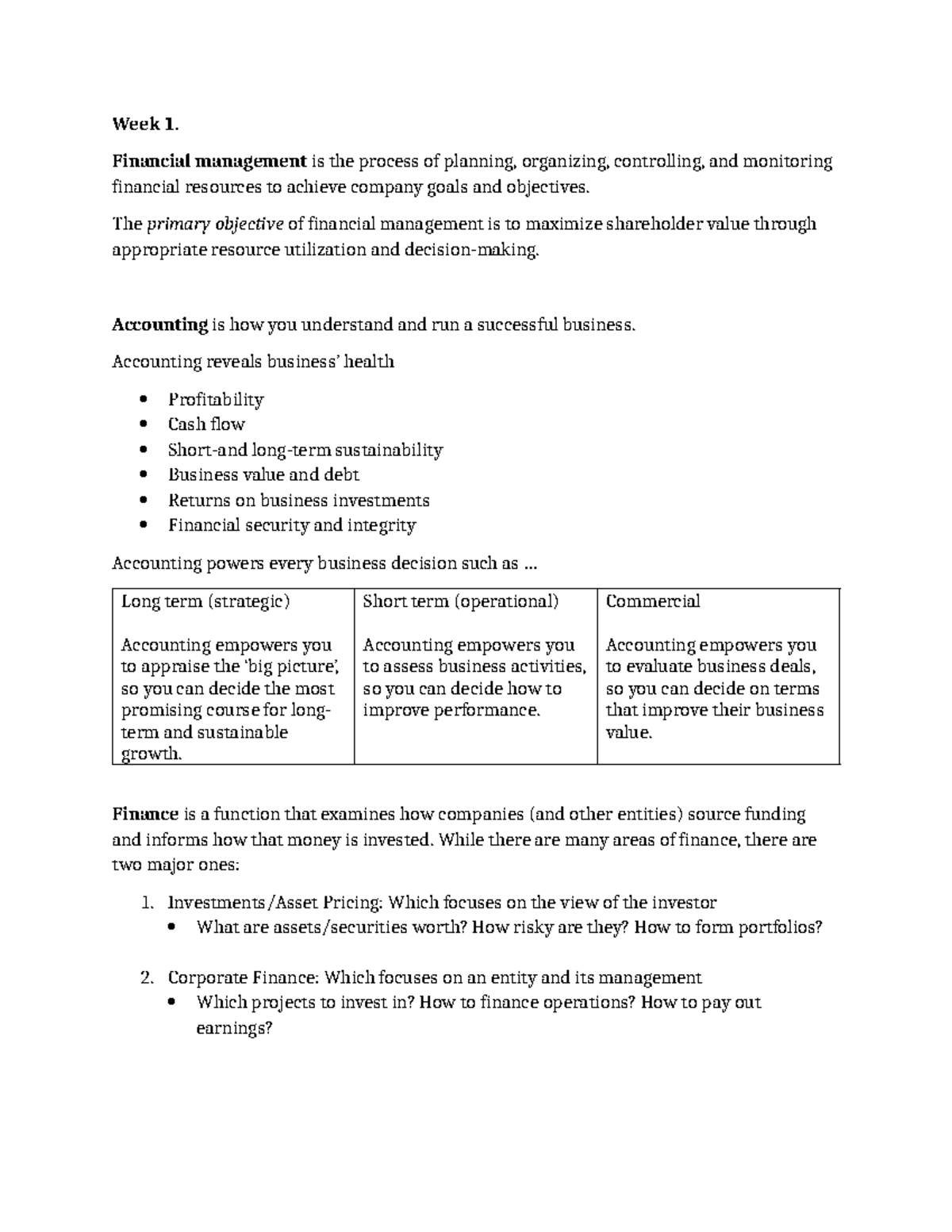 Comm1140 lecture note week1 - Week 1. Financial management is the process of planning ...