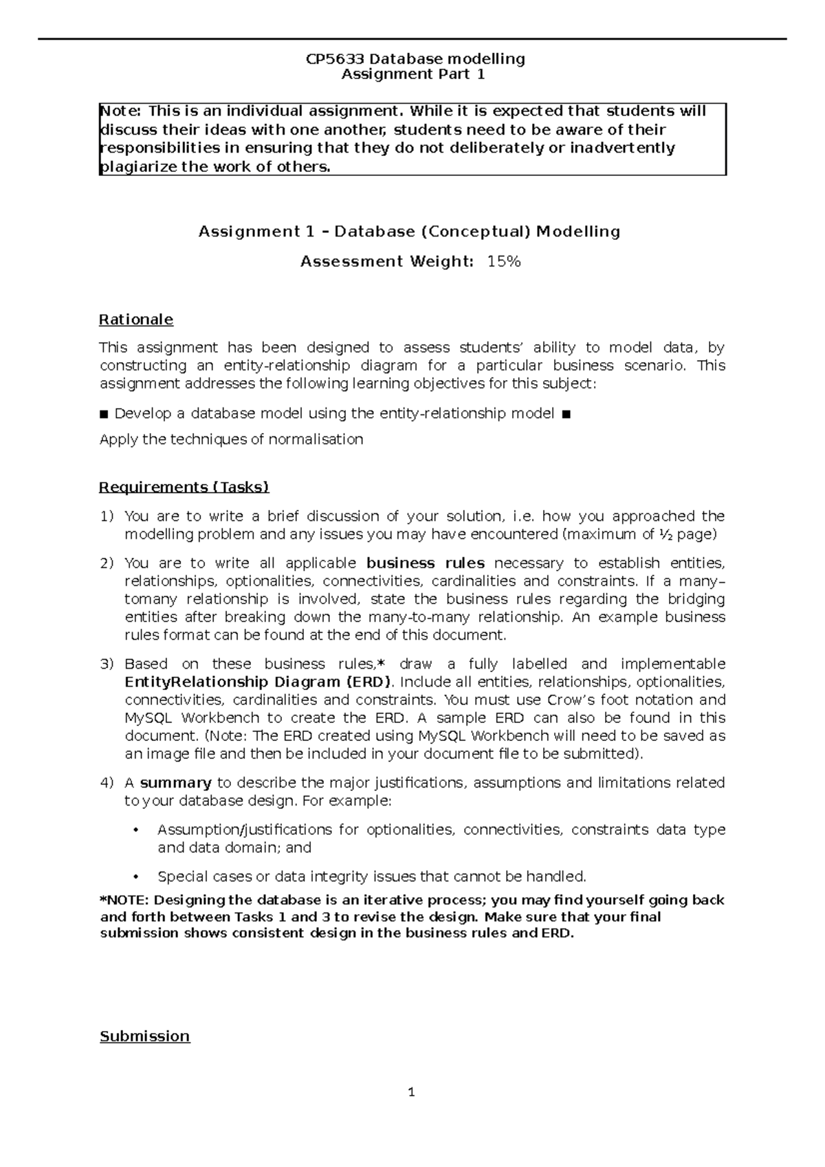 CP5633 Database Modelling A1 SP23 20 - Assignment Part 1 Note: This is an individual assignment ...