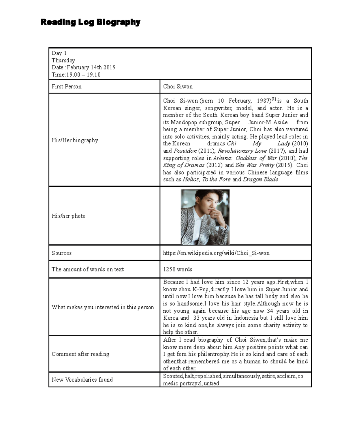 Reading LOG Biography - Reading Log Biography Day 1 Thursday Date ...