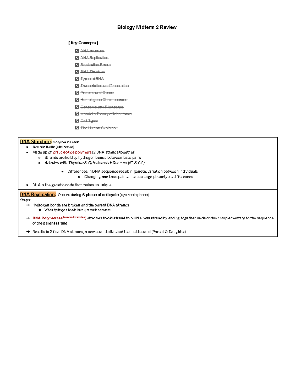 BIO Midterm 2 - Biology Midterm 2 Review [ Key Concepts ] DNA structure ...