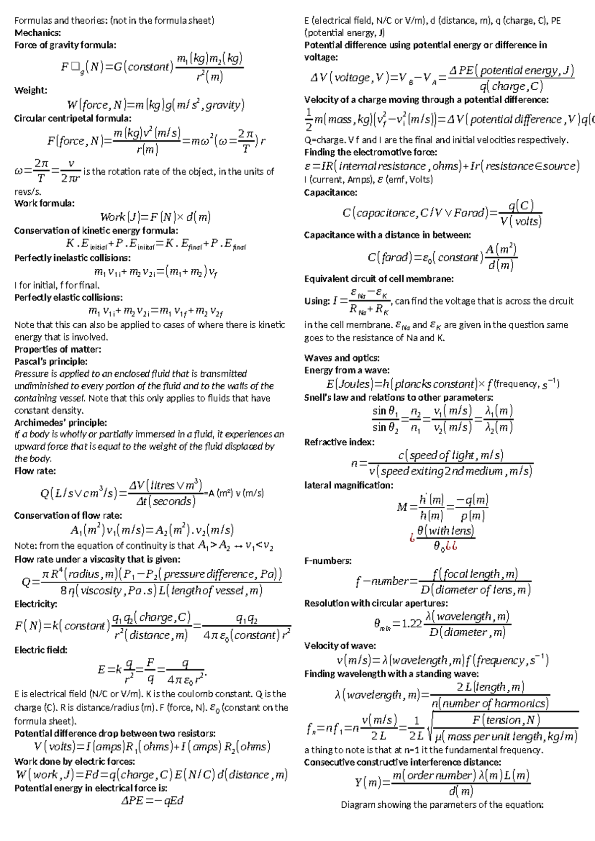 PAN cheat sheet - Formulas and theories: (not in the formula sheet ...