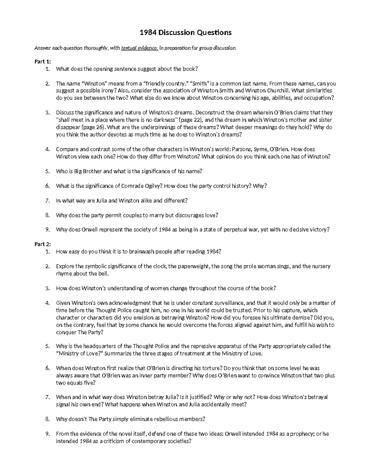 1984 Discussion Questions - 1984 Discussion Questions Answer each ...