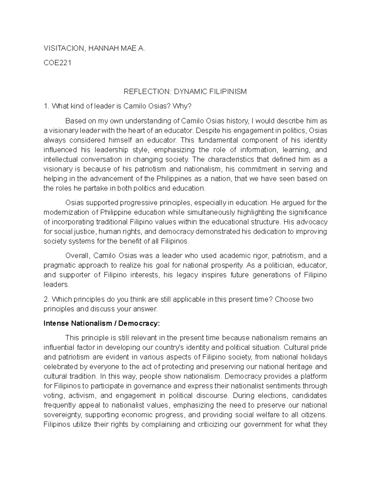 Visitacion Refelction Lesson 2 Dynamic Filipinism - VISITACION, HANNAH ...