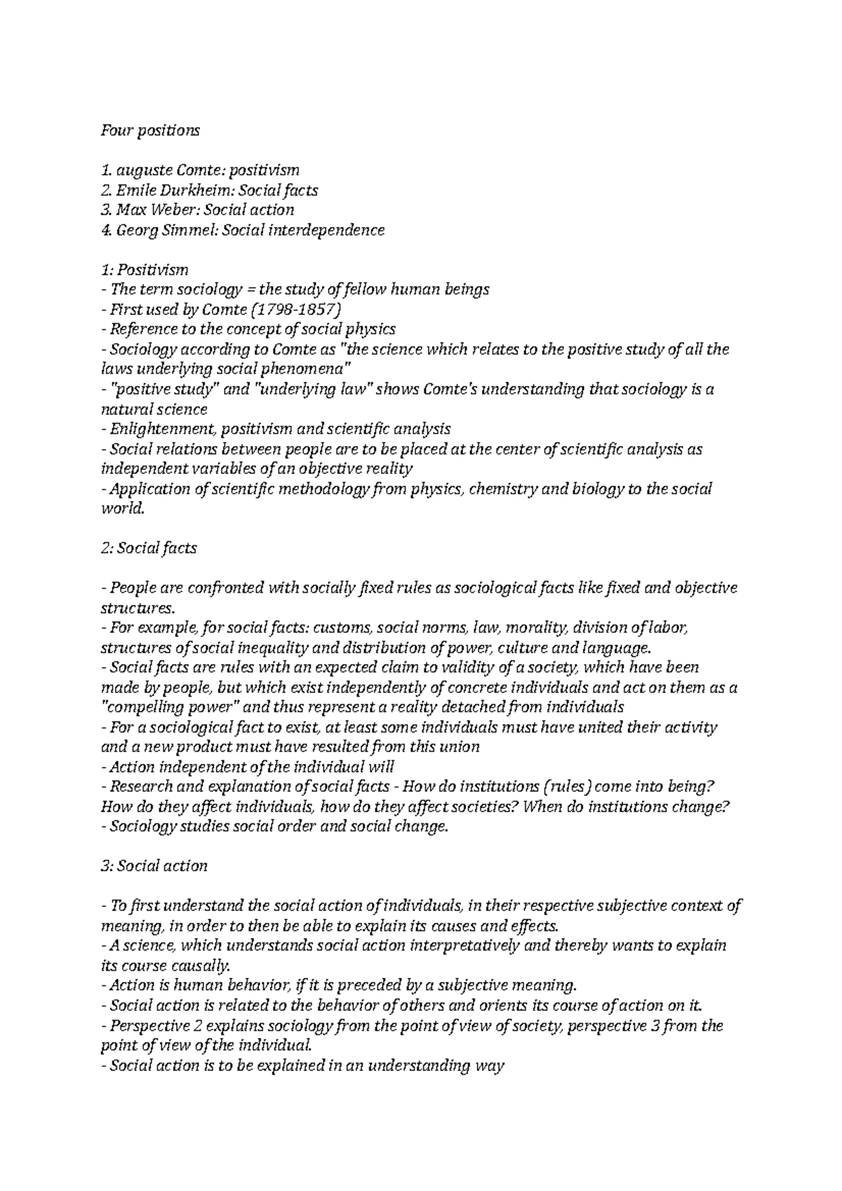 Four positions - Lecture notes 1 - Four positions auguste Comte ...