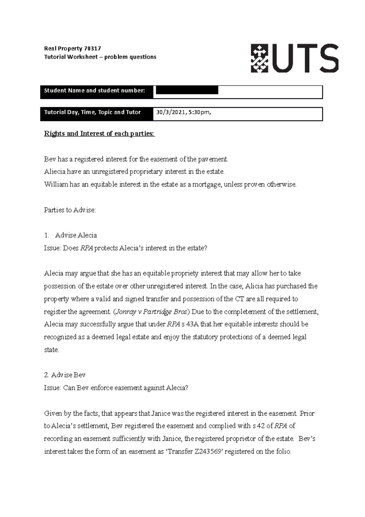 Tut 2 Prep Torrens II 4.5/6 - Real Property 70317 Tutorial Worksheet ...