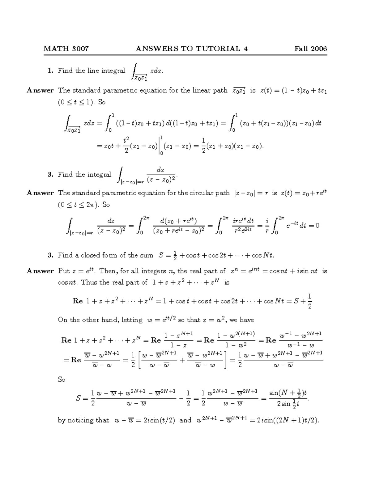 Tutorial 04 2006 - MATH 3007 ANSWERS TO TUTORIAL 4 1. Find the line ...