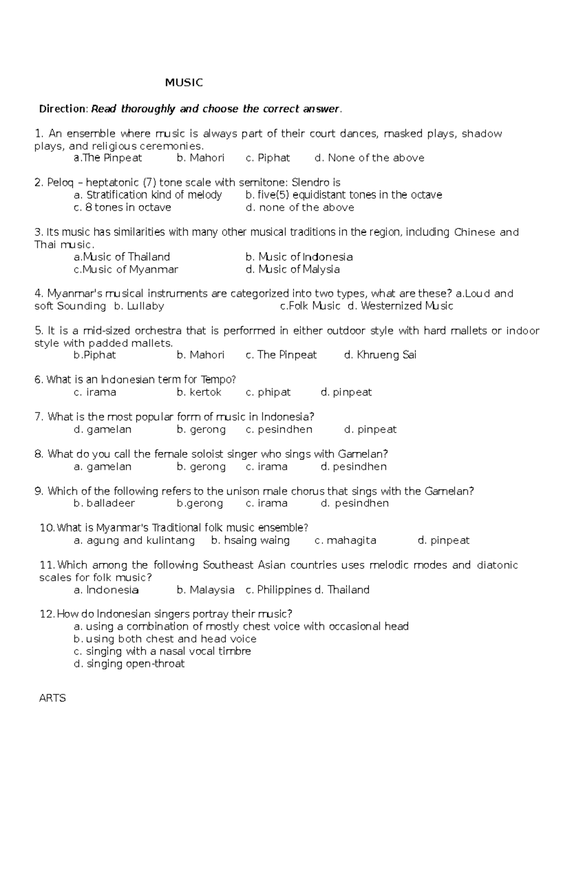 1st quarter exam grade 8 - MUSIC Direction: Read thoroughly and choose ...