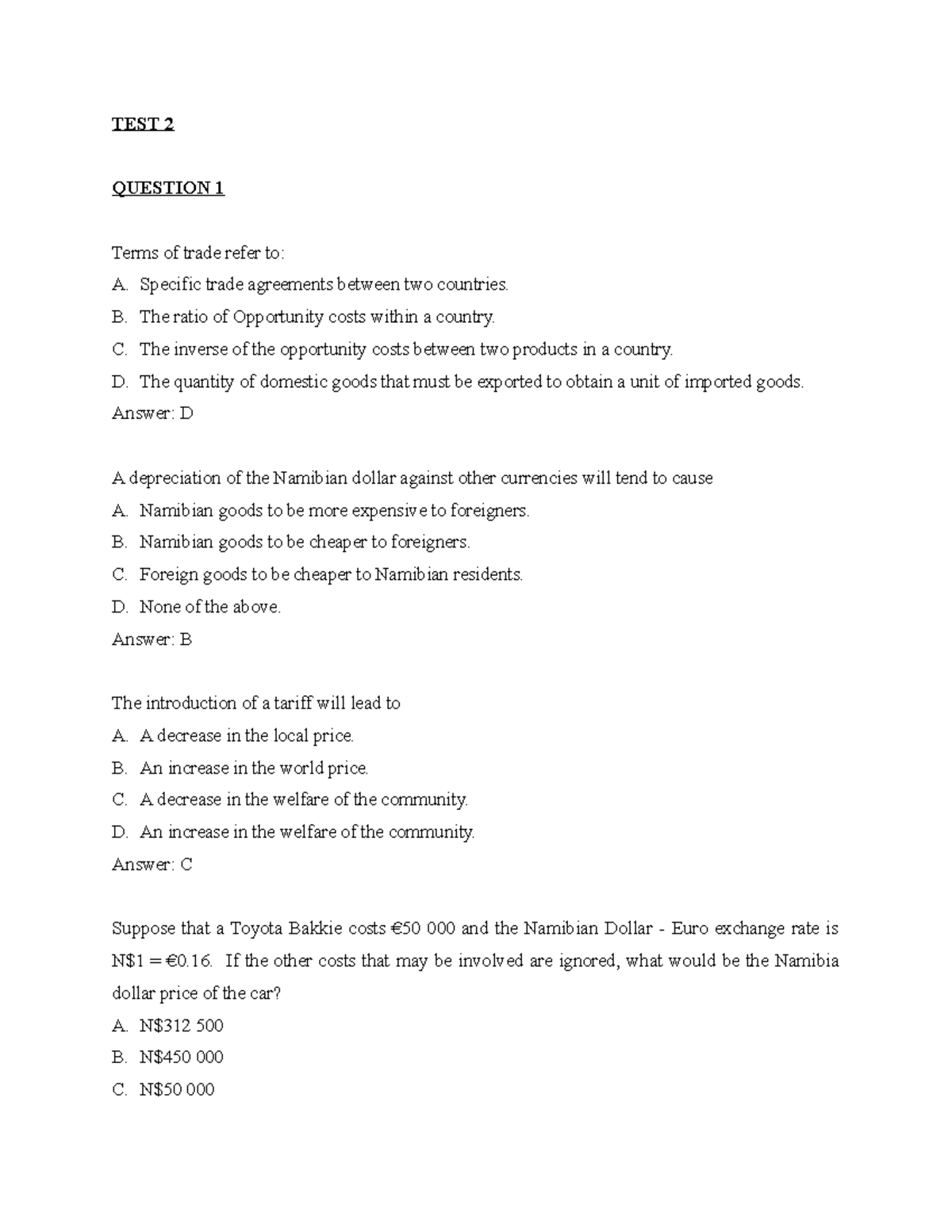 TEST 2- PMA 2020 - Notes - TEST 2 QUESTION 1 Terms of trade refer to: A ...