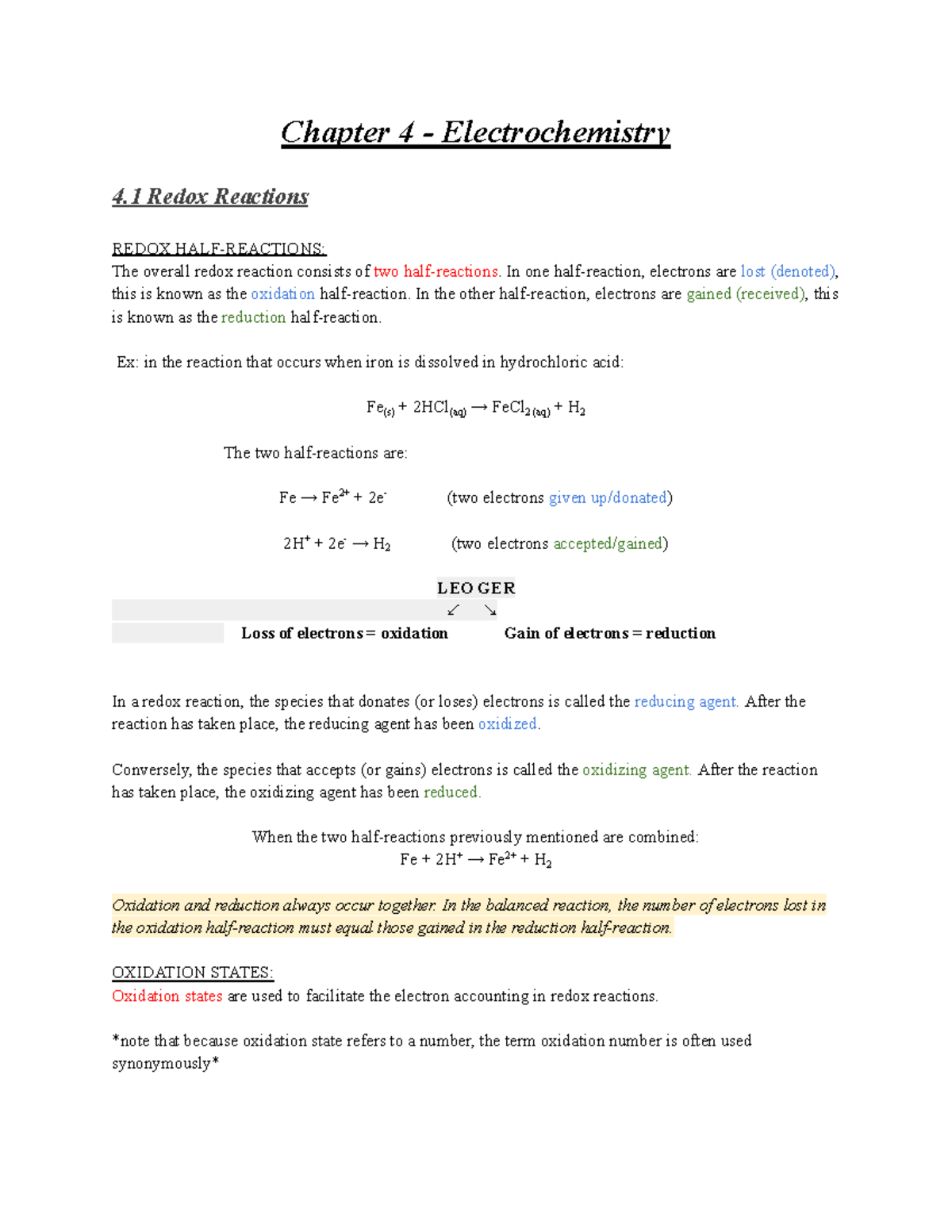 Chapter 4.1-4.2 - Electrochemistry - Chapter 4 - Electrochemistry 4 ...