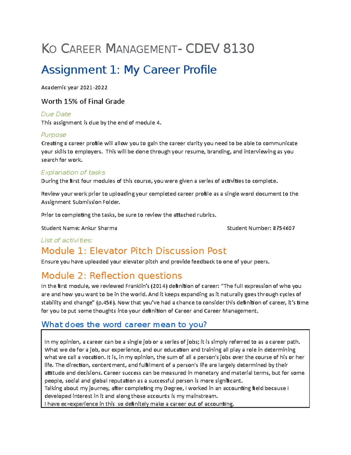 My Career Profile - KO CAREER MANAGEMENT- CDEV 8130 Assignment 1: My ...