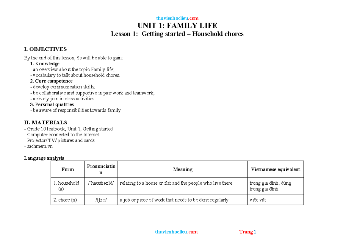 Lesson PLAN Global Success Grade 10 - UNIT 1: FAMILY LIFE Lesson 1 ...