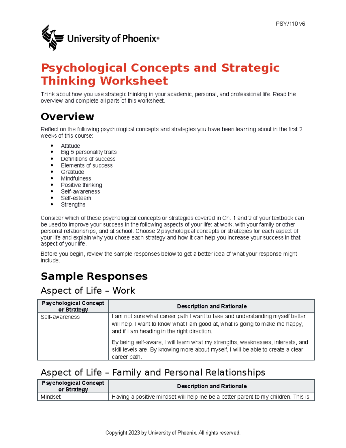 Psy110 v6 wk2 psychological concepts and strategic thinking worksheet ...
