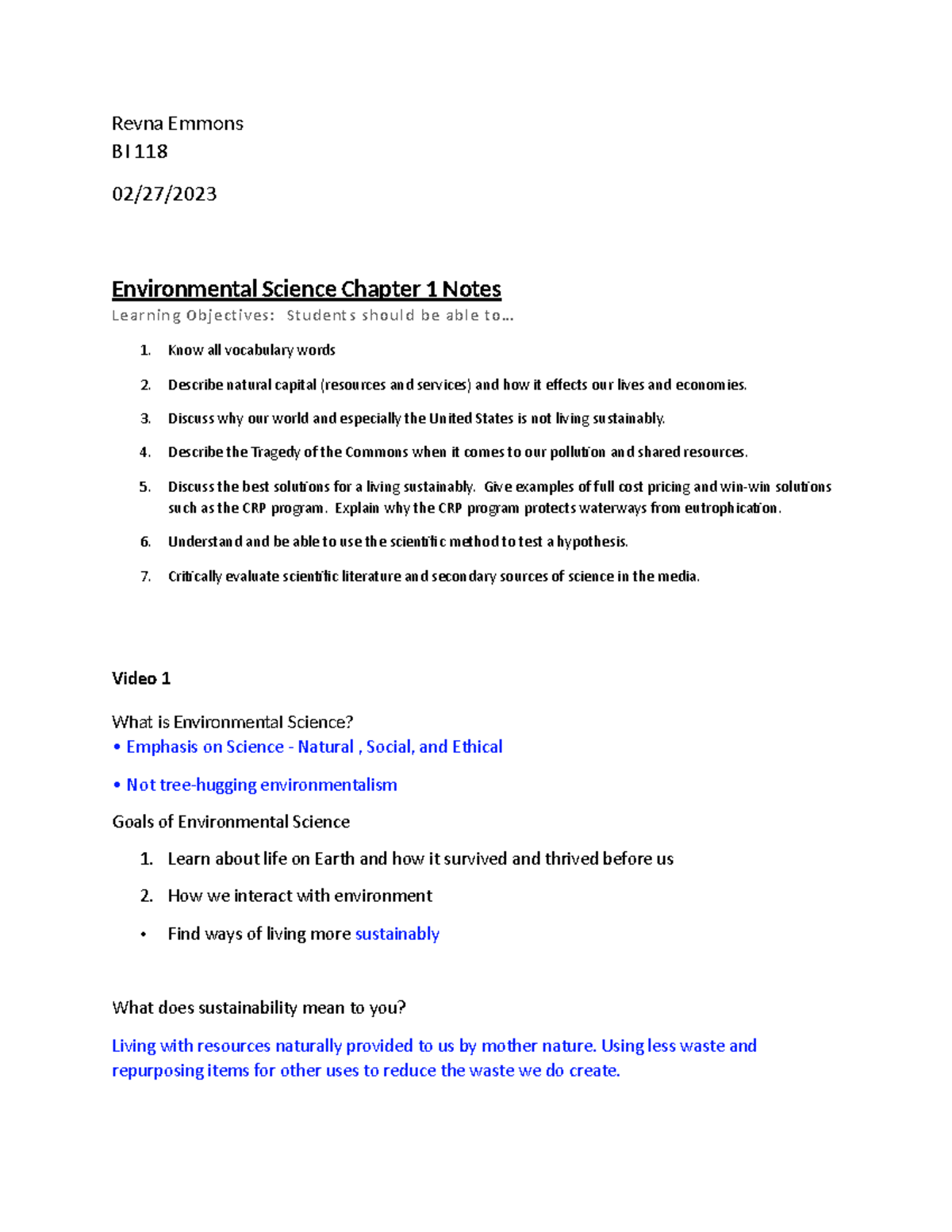 BI 118 Chapter 1 Notes - Revna Emmons BI 118 02/27/ Environmental ...
