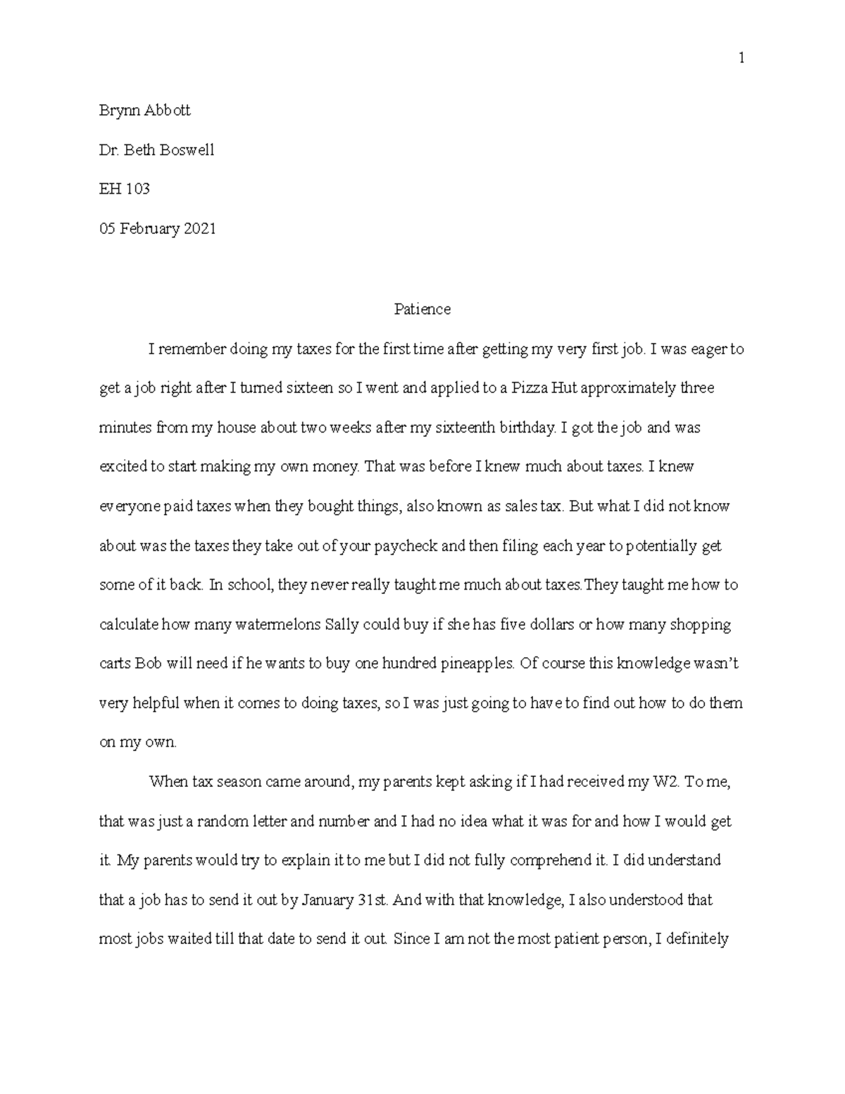 Literacy Narrative Pt. 1 - Brynn Abbott Dr. Beth Boswell EH 103 05 ...