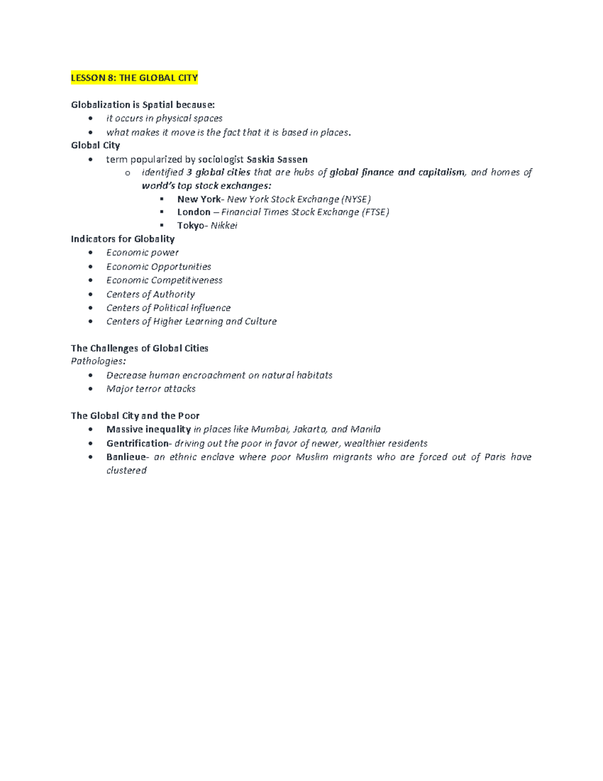 Lesson 8-THE GLOBAL CITY - LESSON 8: THE GLOBAL CITY Globalization is ...