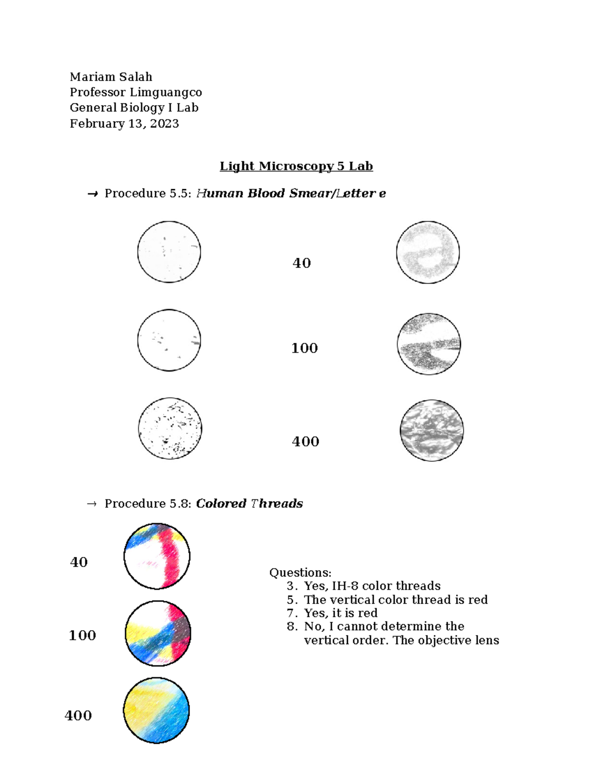Light Microscopy 5 Lab - Lab 5 - Mariam Salah Professor Limguangco ...