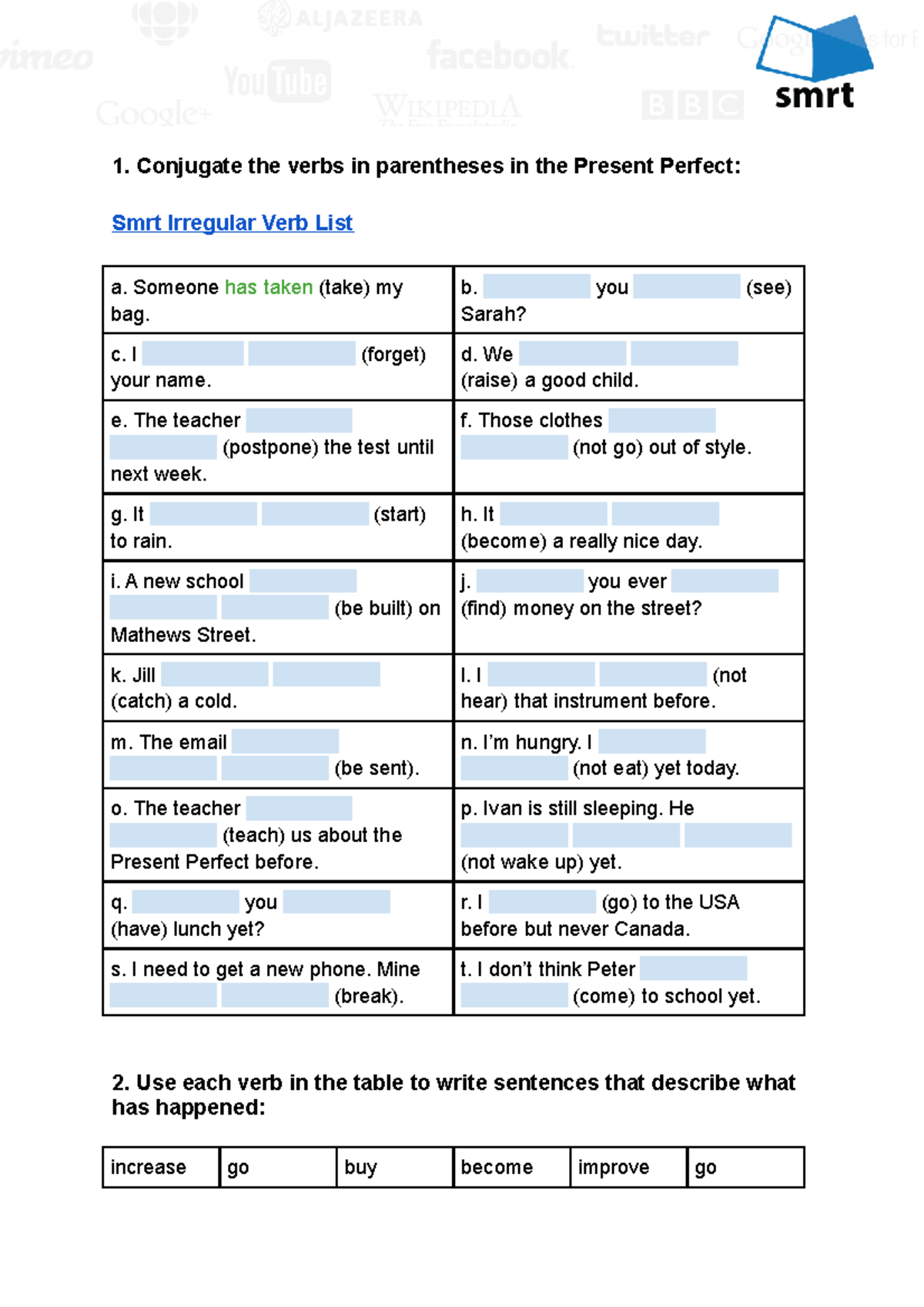 ENGL120 Grammar 7-1 Present Perfect Indefinite Past - 1. Conjugate the ...