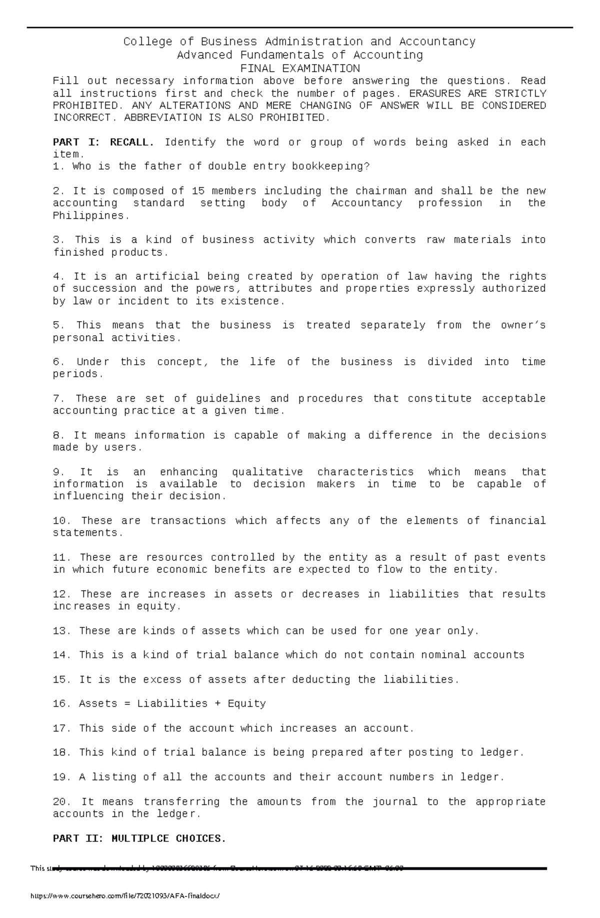 AFA final - Provides basic knowledge about fundamentals of accounting ...