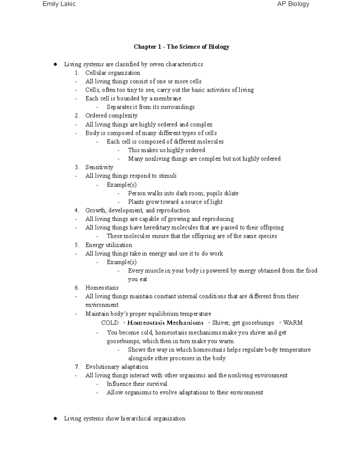 Chapter 1 Textbook Notes - Emily Lakic AP Biology Chapter 1 - The ...