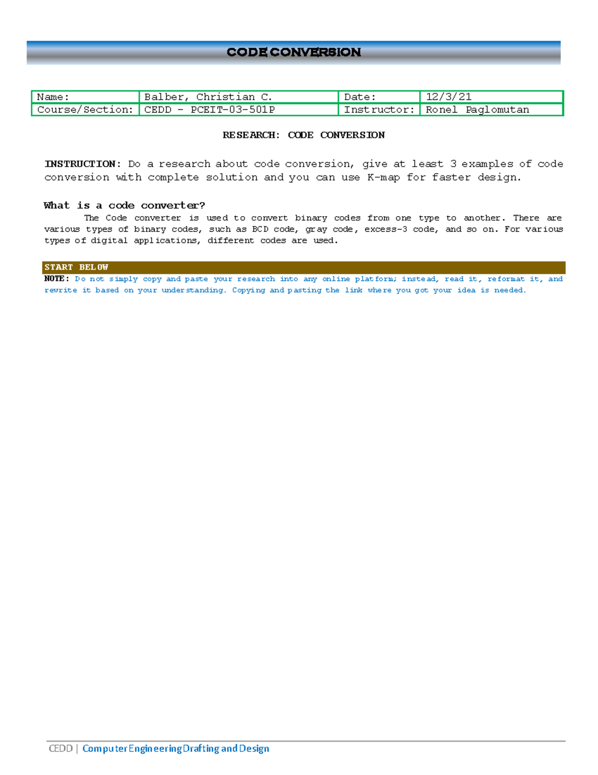 Ceddcode Converter - test - Name: Balber, Christian C. Date: 12/3 ...