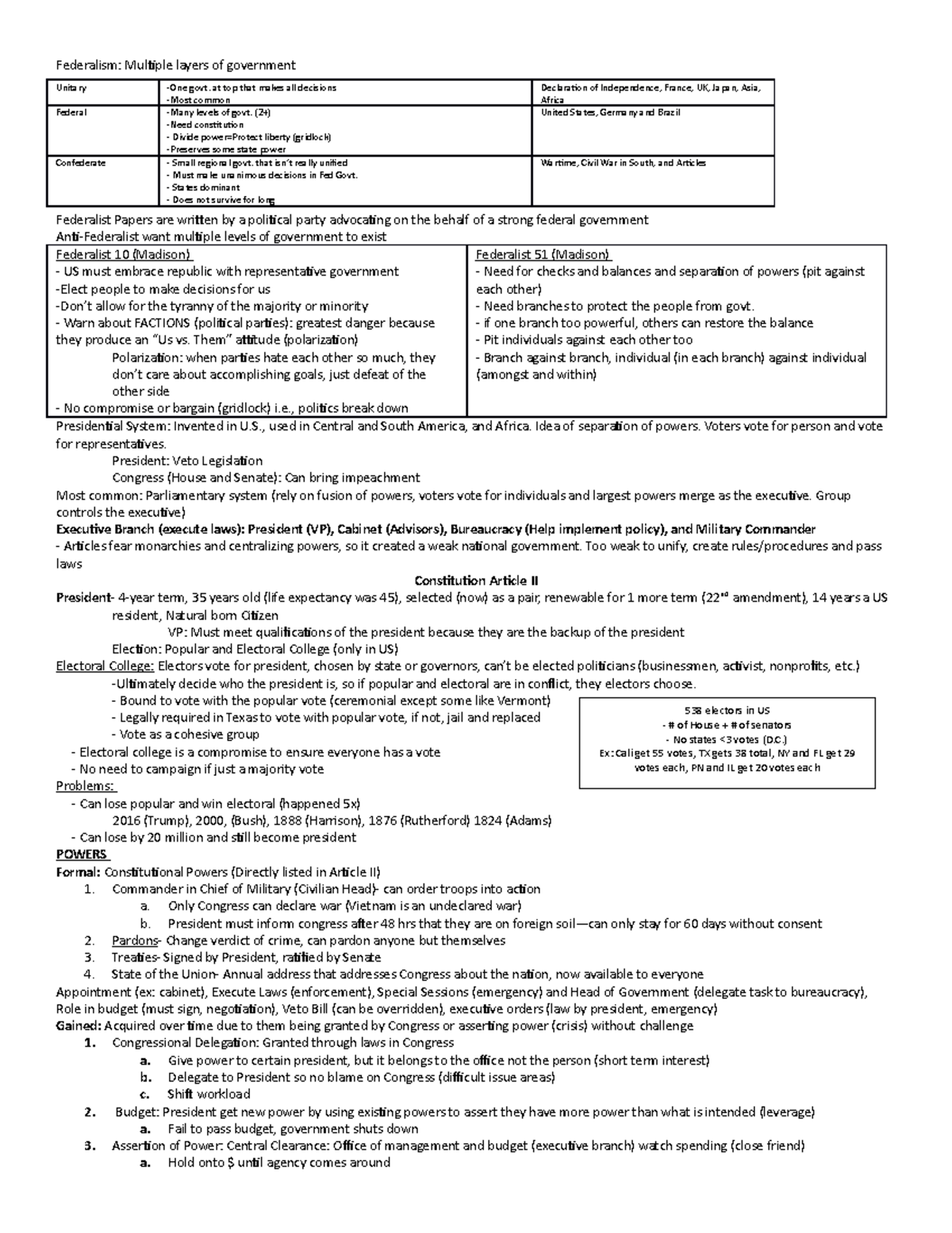 Test #2 Study - Federalism: Multiple layers of government Federalist ...