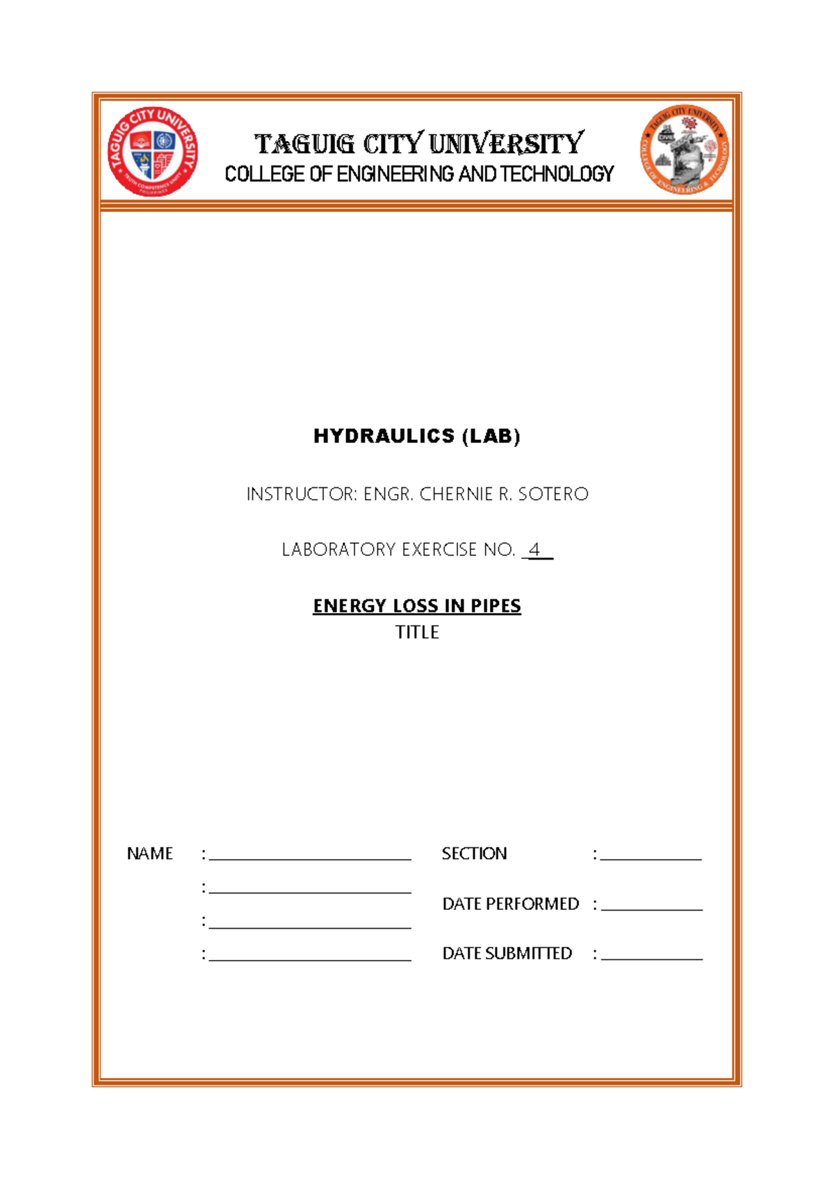 CE-E8 - Hydraulics (Lab) - Lab No. 4 - TAGUIG CITY UNIVERSITY COLLEGE ...