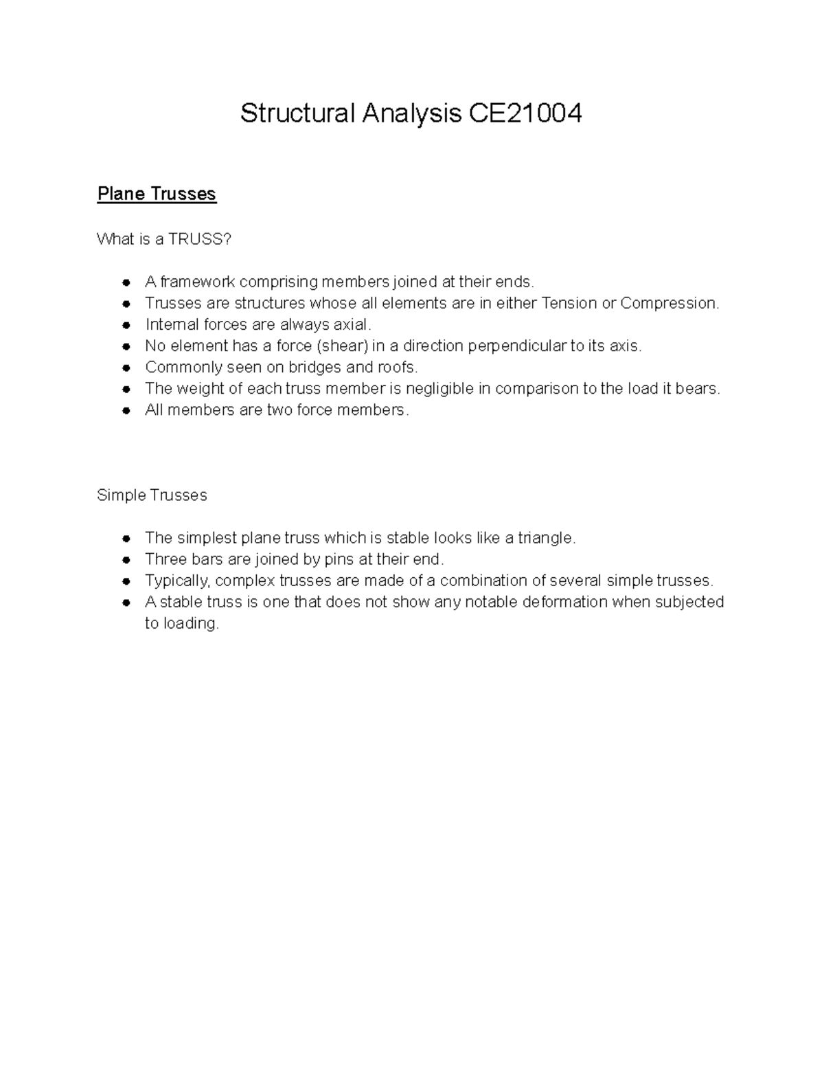 Structural Analysis CE21004 Lecture 3 - Structural Analysis CE Plane ...