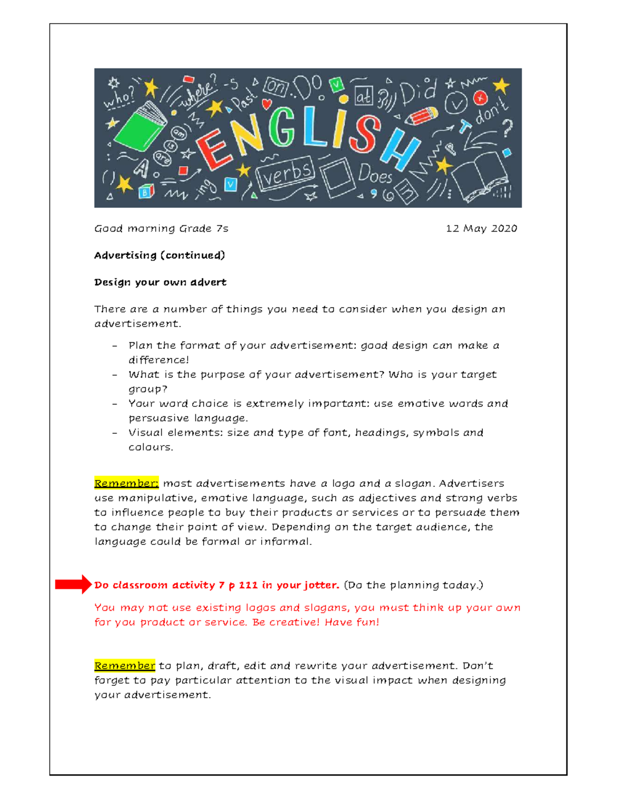Grade 7 English 12 May - Task - Good morning Grade 7s 12 May 2020 ...
