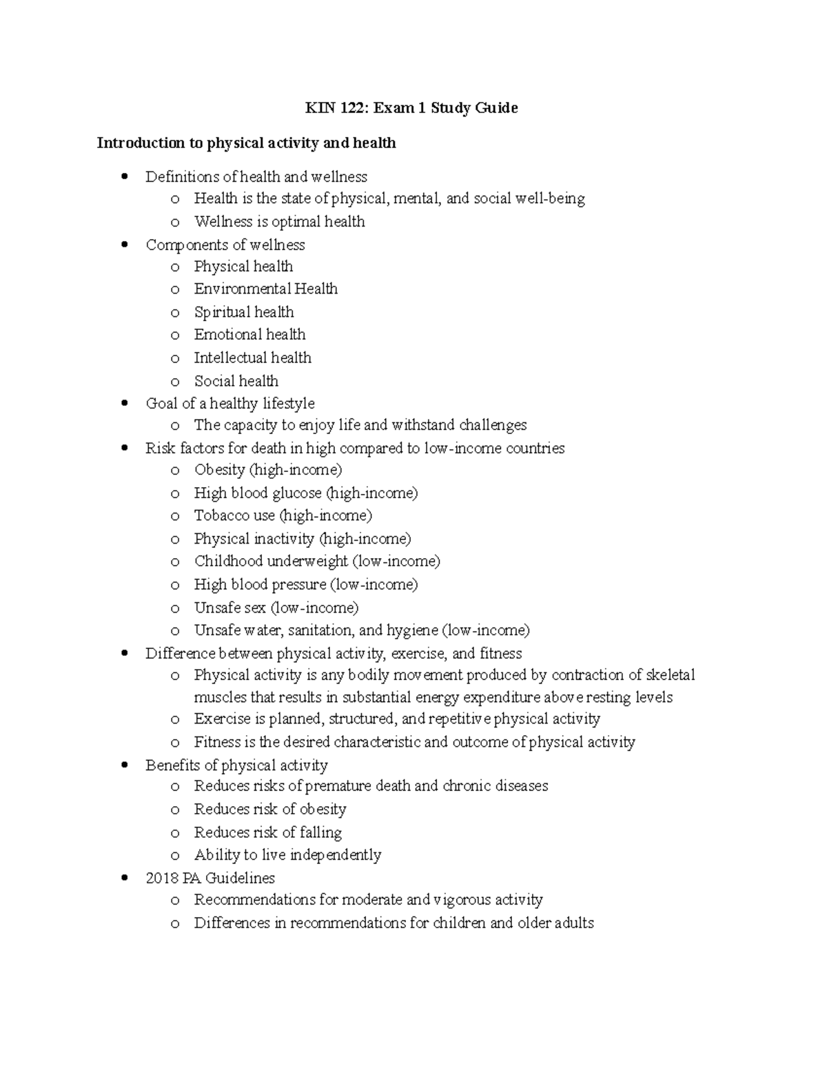 KIN122-Exam 1 Study Guide-Fall 2022-Key - KIN 122: Exam 1 Study Guide ...