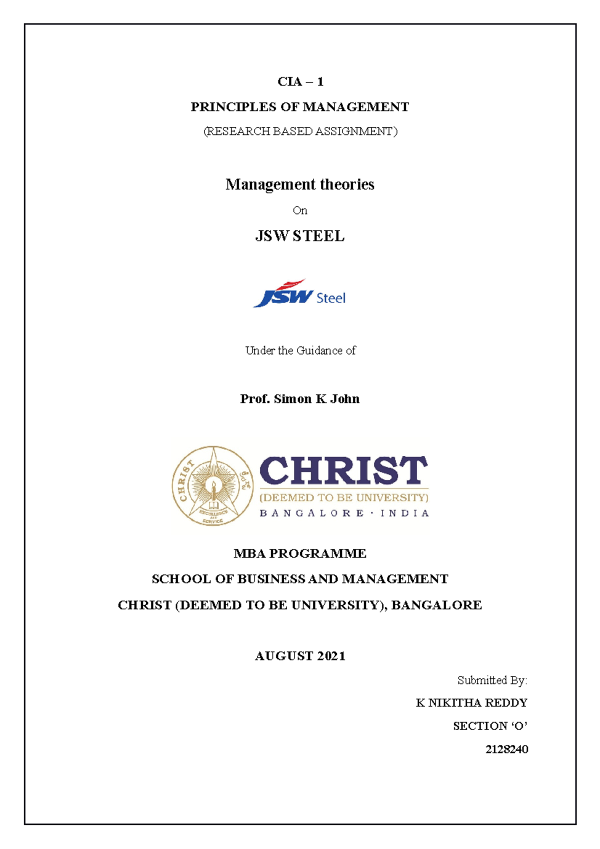 Principles of management cia1 - Christ University - Studocu