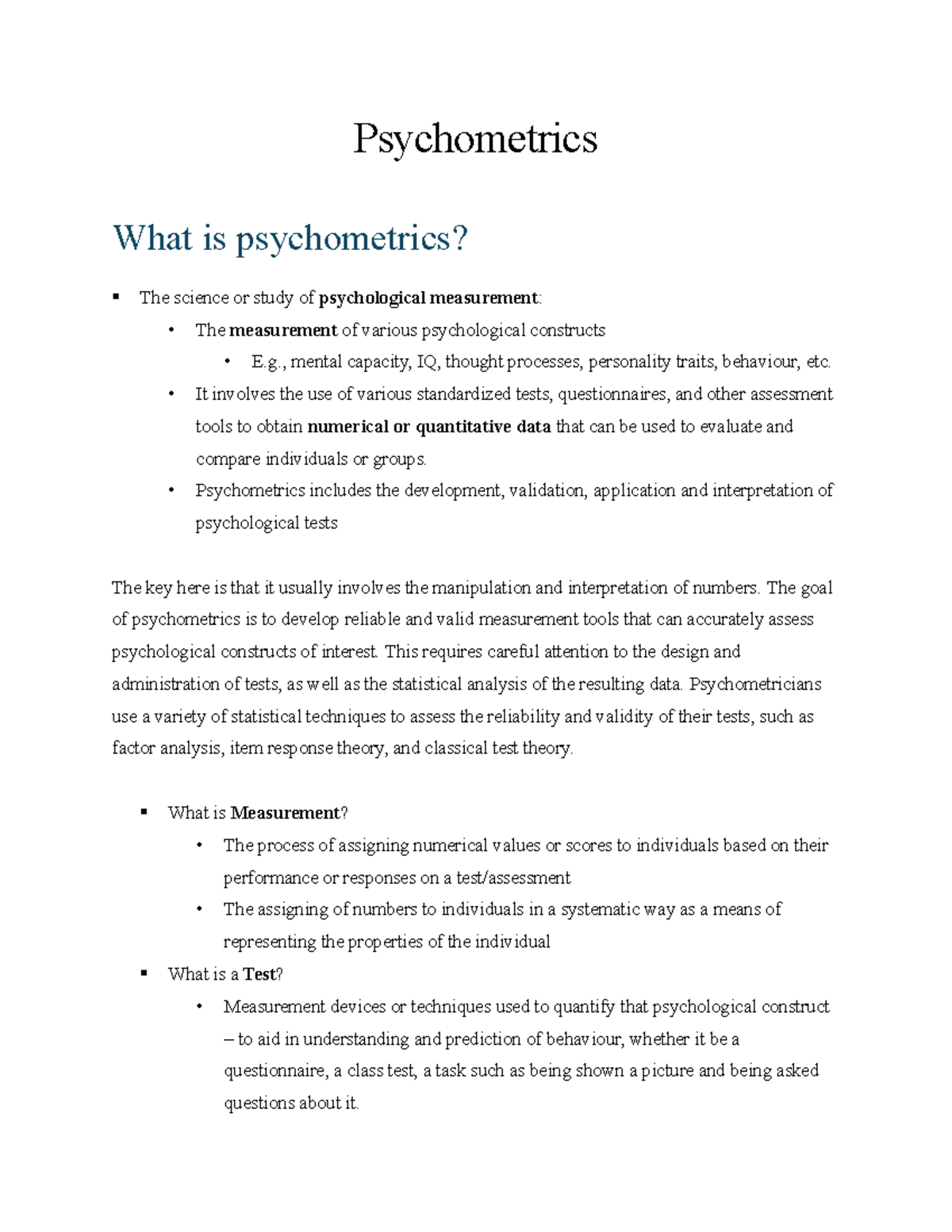PSY2015F Psychometric notes - Psychometrics What is psychometrics ...