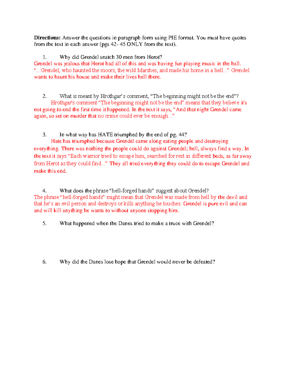 Grendel questions - Directions: Answer the questions in paragraph form ...