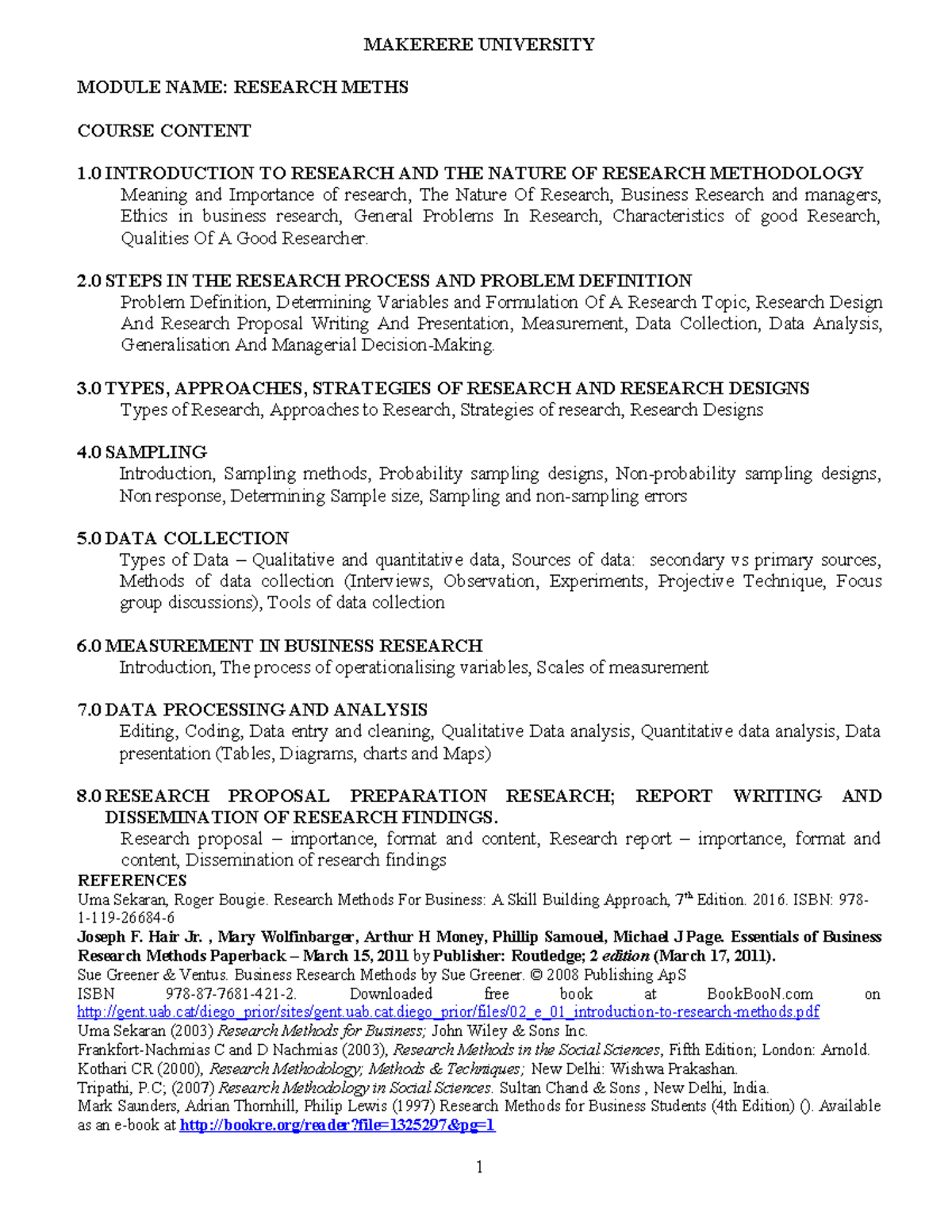 Outline Research methods outline - MAKERERE UNIVERSITY MODULE NAME ...