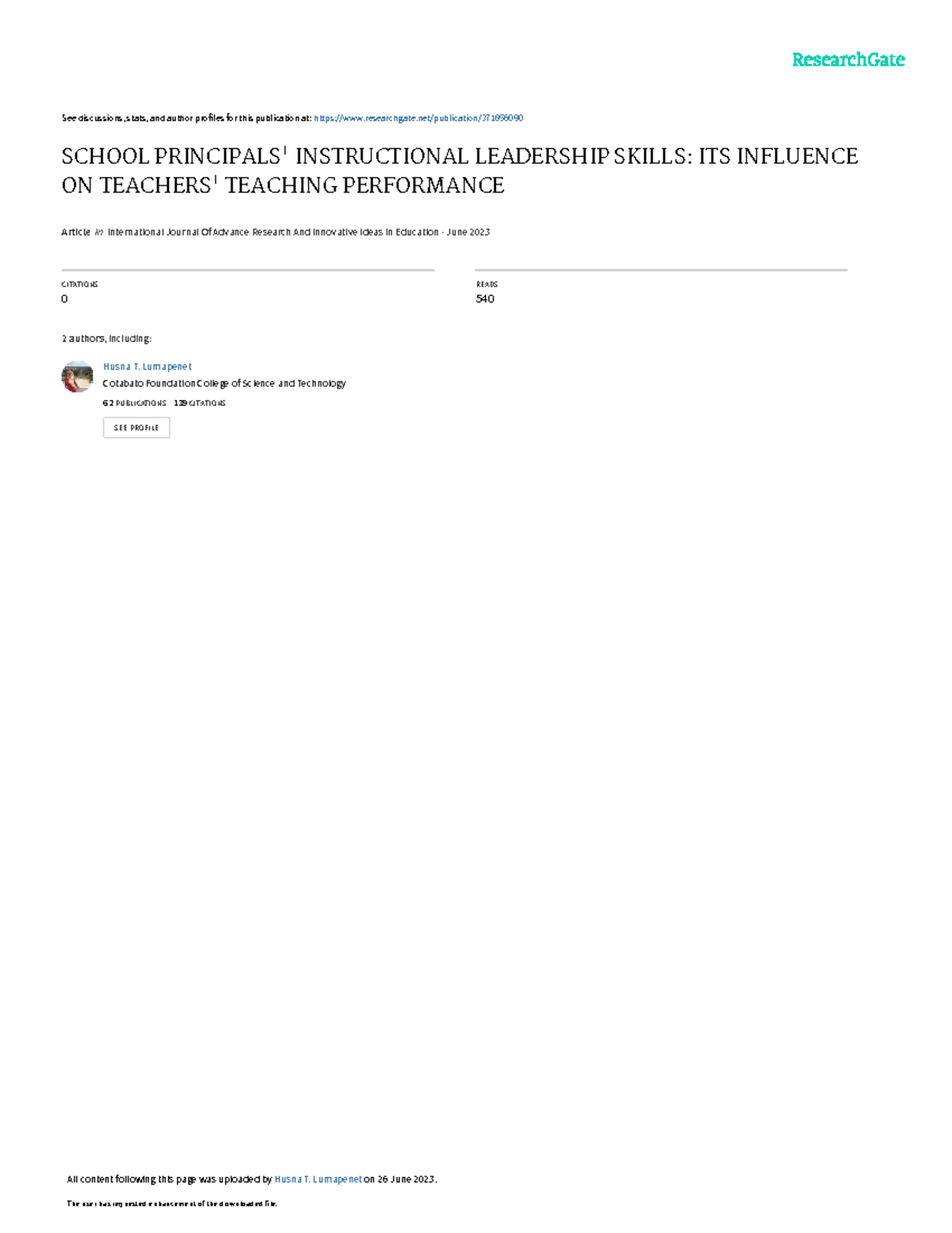 School Principals Instructional Leadership Skills ITS Influence ON ...