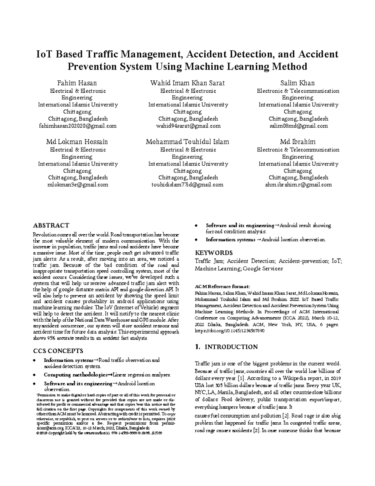 ACM Conference Template 1 - IoT Based Traffic Management, Accident ...