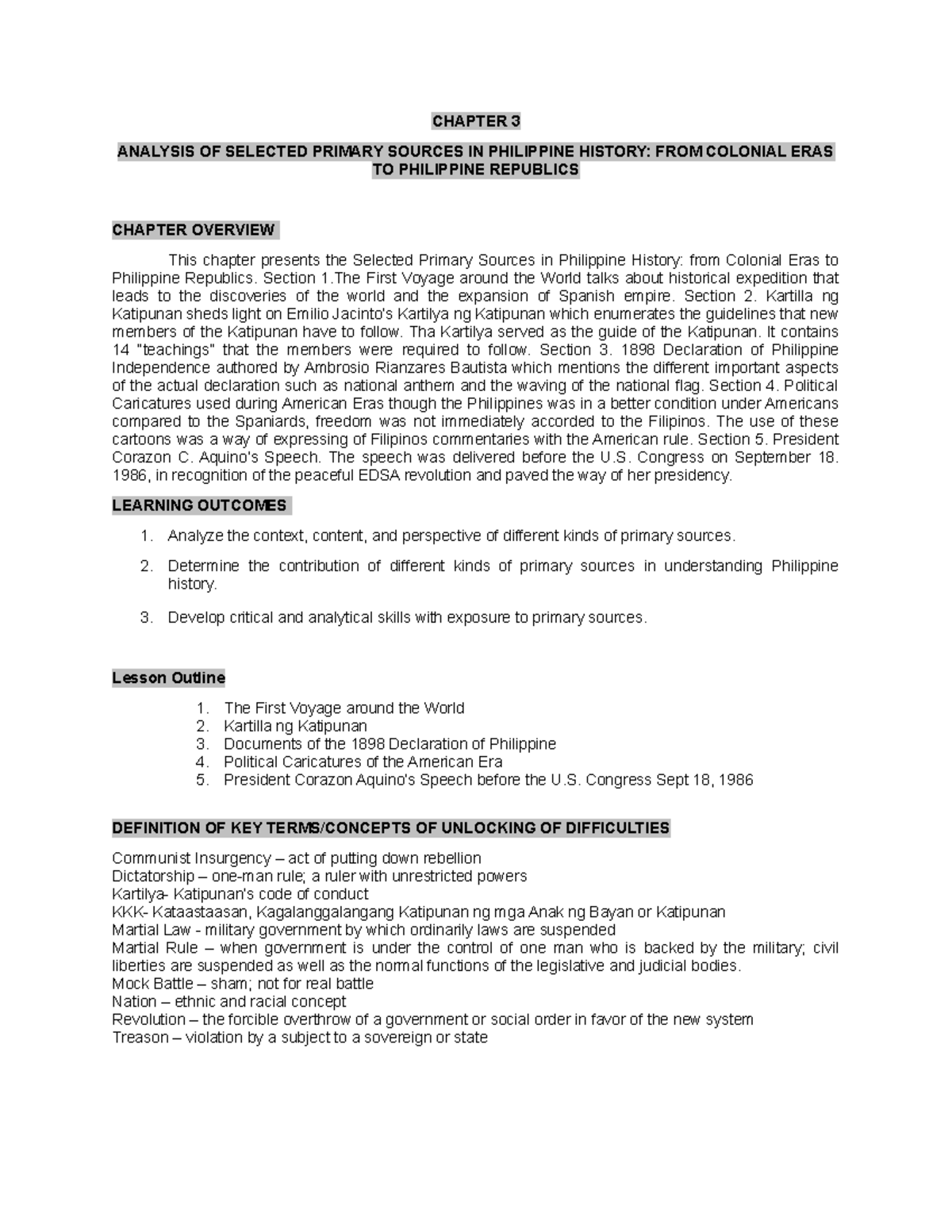 Chapter-3 - Learning Material - CHAPTER 3 ANALYSIS OF SELECTED PRIMARY SOURCES IN PHILIPPINE ...