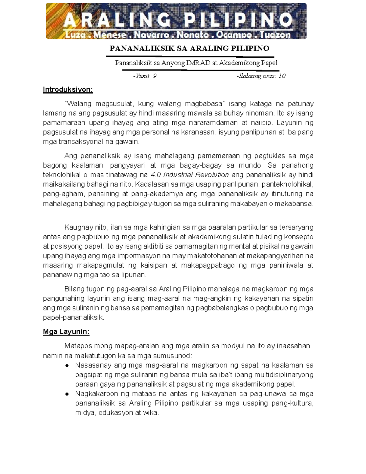 ARP 101 Yunit 9 Aralin 1&2 - PANANALIKSIK SA ARALING PILIPINO Pananaliksik sa Anyong IMRAD at ...