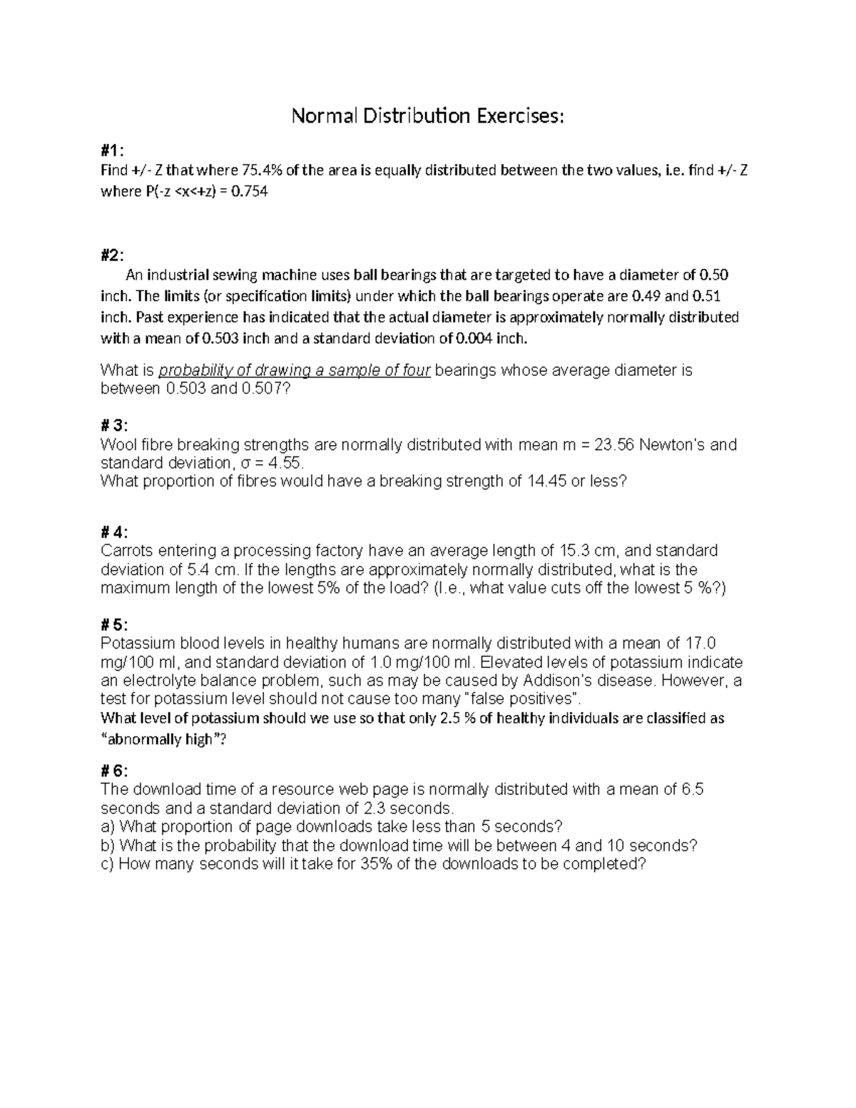 Probability Distribution In Class Exercises - W3 - Normal Distribution ...