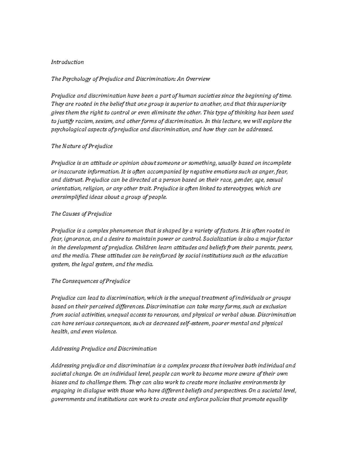 The Psychology of Prejudice and Discrimination Notes de cours ...