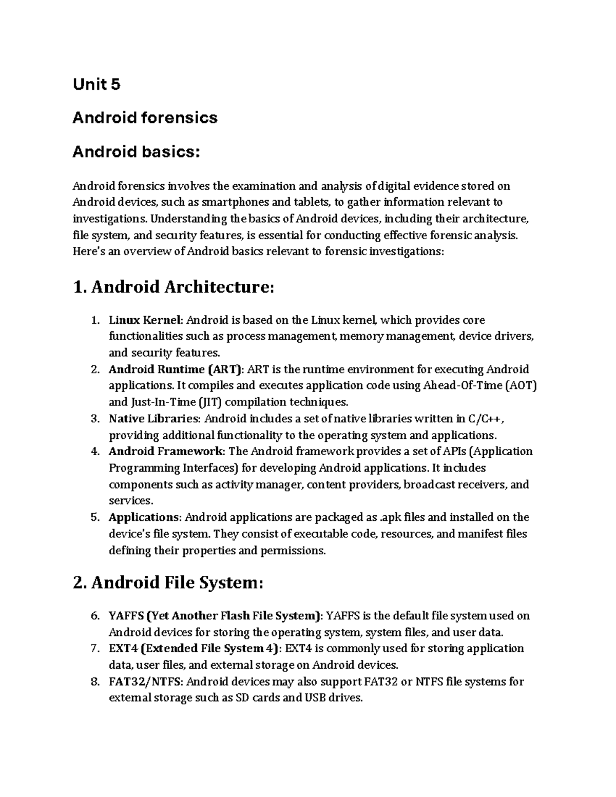Digital and mobile forensics unit 5 - Unit 5 Android forensics Android ...