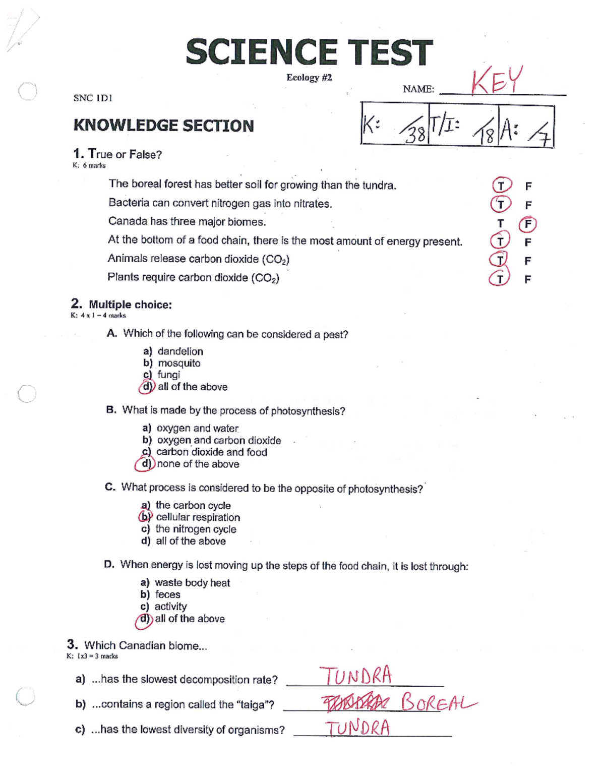 Test #2 (KEY) - Science TEst - SCIENCE TEST Ecology NAME: KEY SNC 1D1 ...
