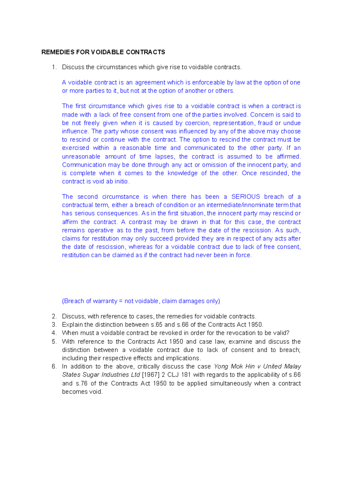 LIA1009 TUTO 1 - REMEDIES FOR VOIDABLE CONTRACTS Discuss the circumstances which give rise to ...