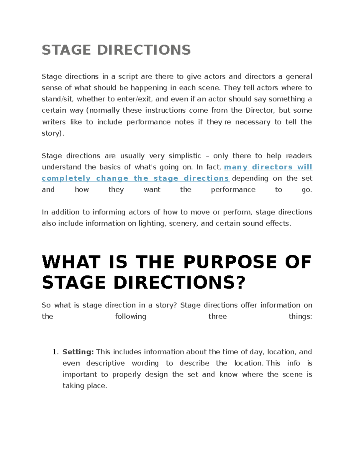 Stage Directions and Diagram - STAGE DIRECTIONS Stage directions in a ...