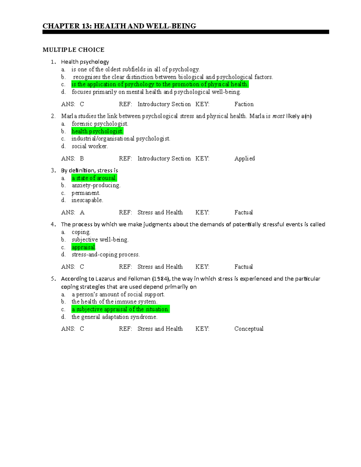 Social Test Bank 11 - Test Bank - CHAPTER 13: HEALTH AND WELL-BEING ...
